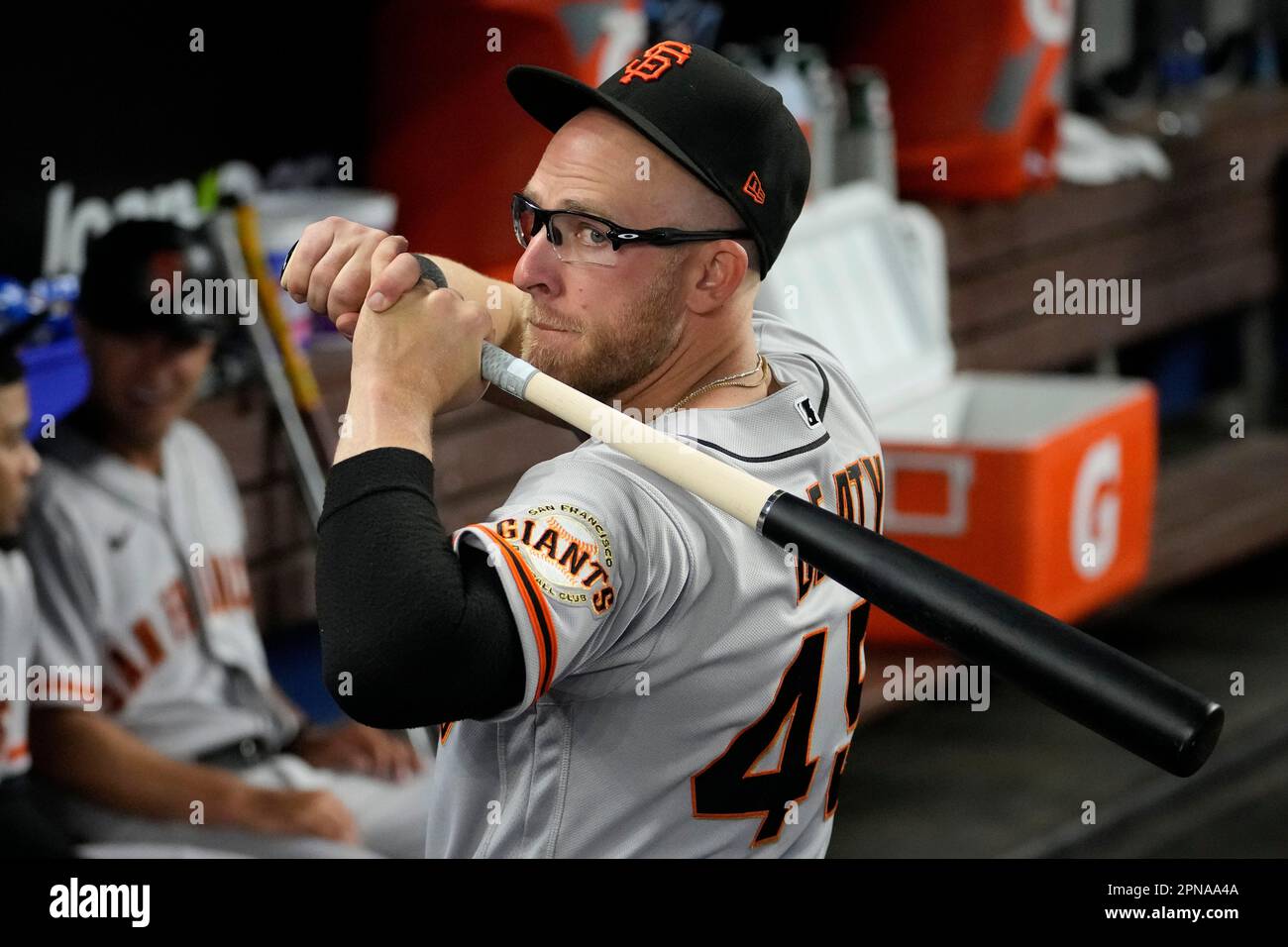 San Francisco Giants' Matt Beaty (45) warms up in the dugout before a ...