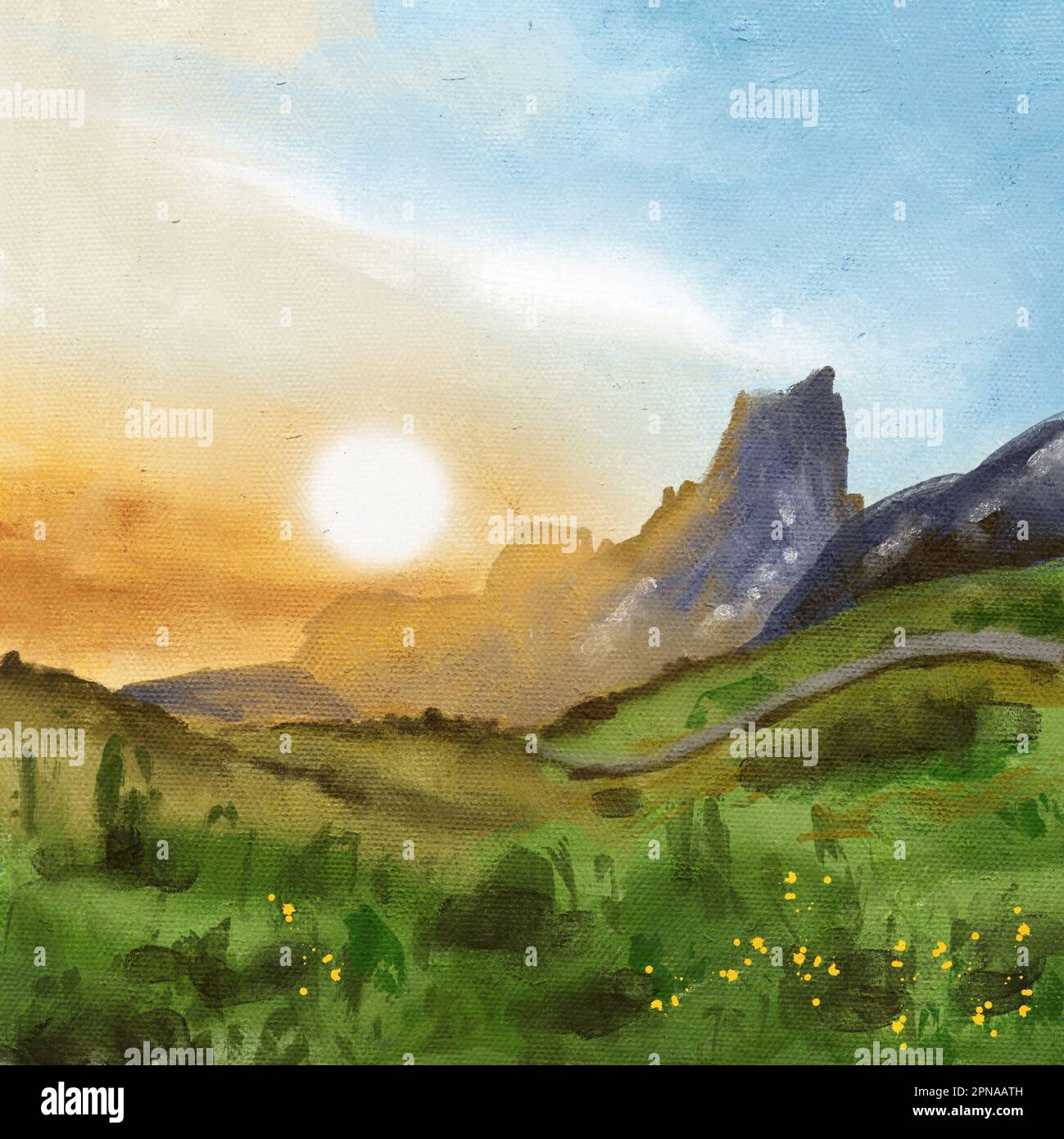 Hand drawn illustration of sun over mountains meadow peaks. Rocks green ...