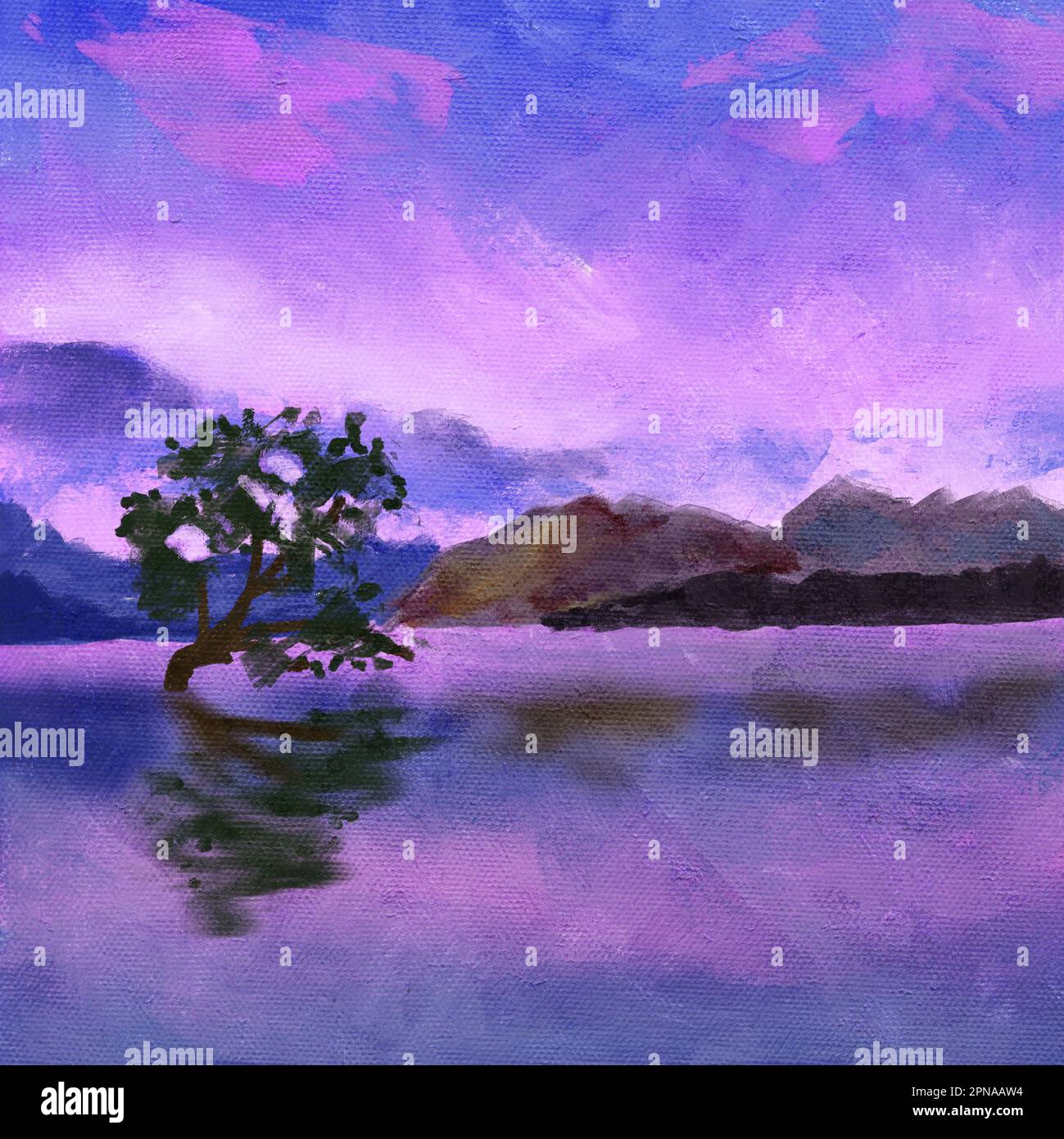Hand drawn illustration of purple pink sunset landscape with water ...