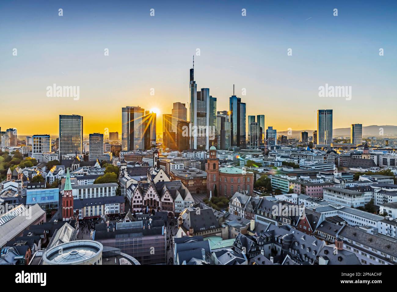 City view, skyline at sunset. View of the banking district of ...