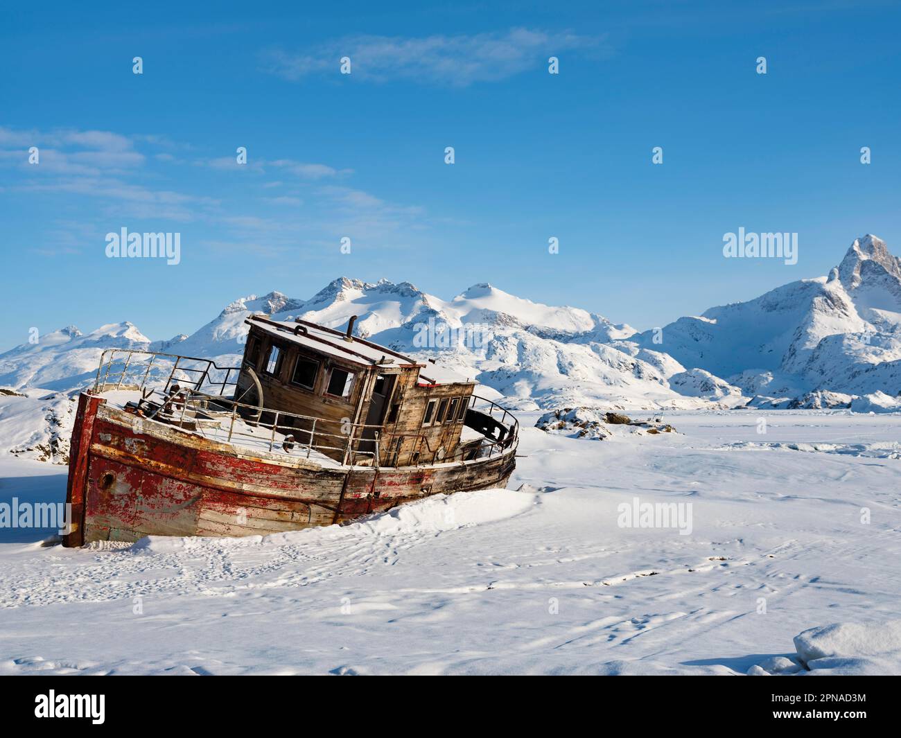 Shipwreck in the frozen Kong Oscar Fjord, Tasiilaq, Ammassalik Island ...