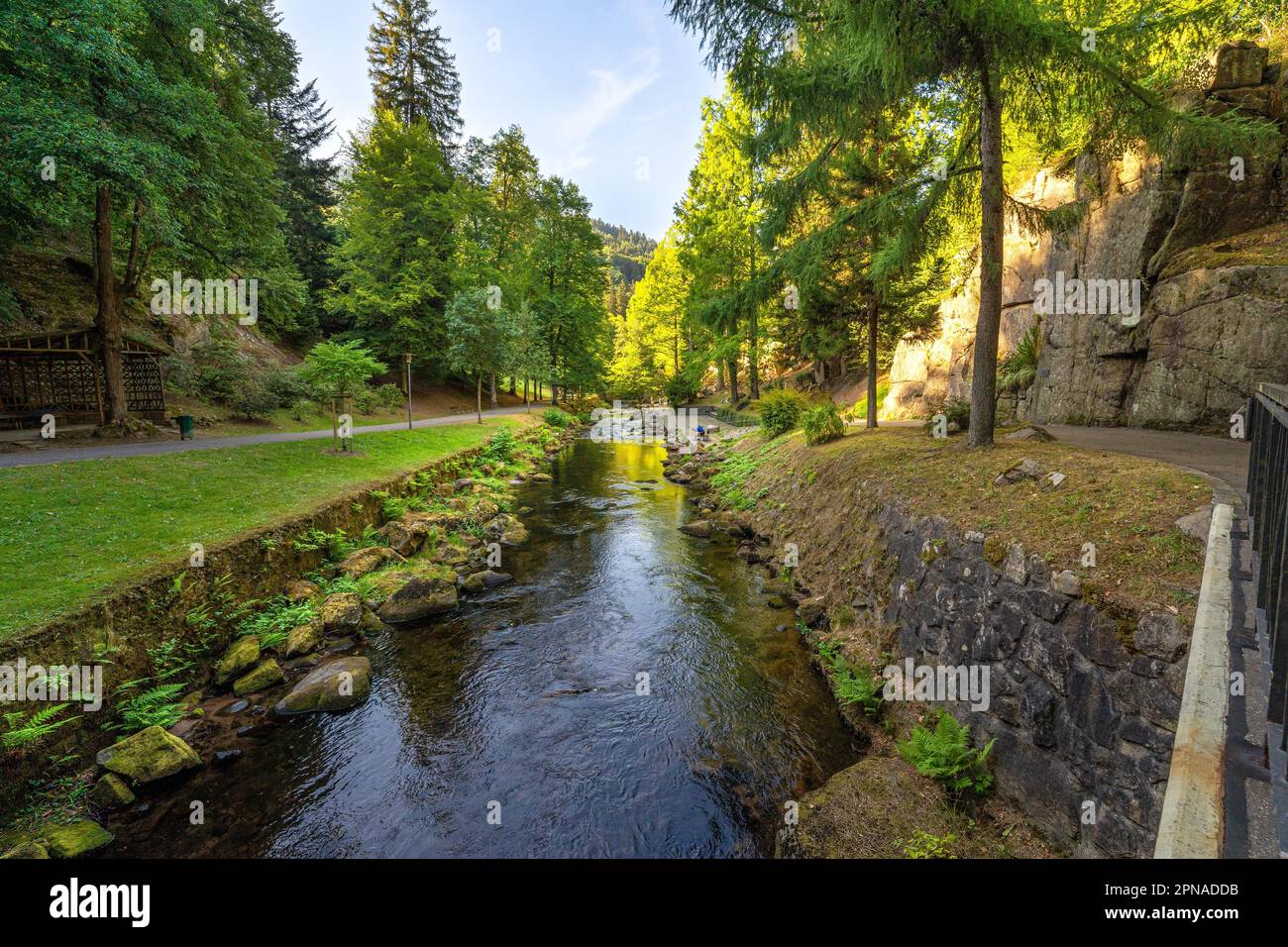 River Enz in the spa gardens, Bad Wildbad, Black Forest, Germany Stock ...