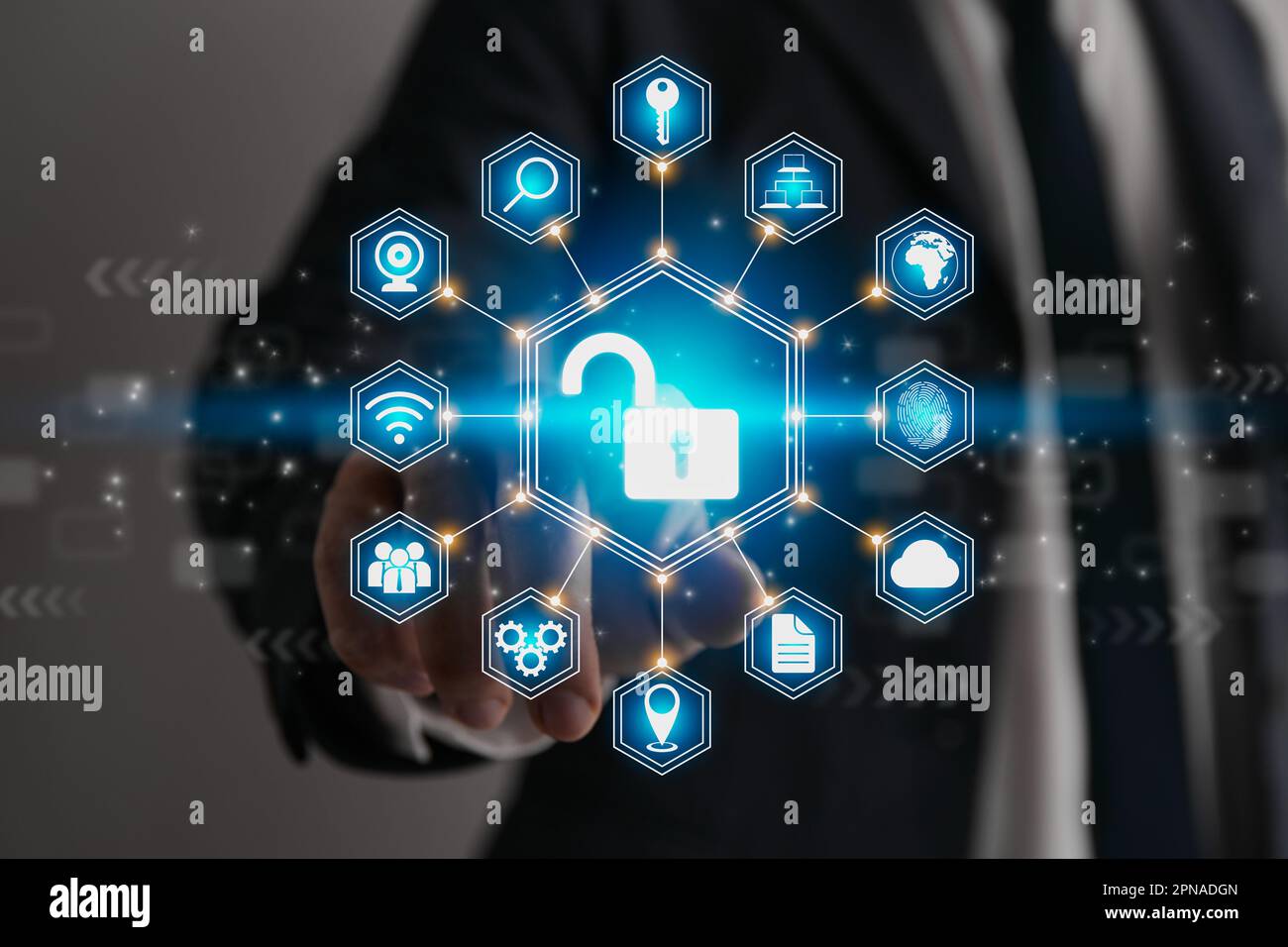 Businessman Hand and Finger Touching Screen and Hexagonal Blue Unlock ...