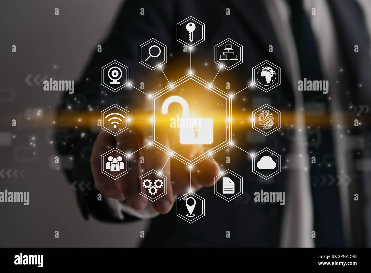 Businessman Hand and Finger Touching Screen and Hexagonal Unlock ...