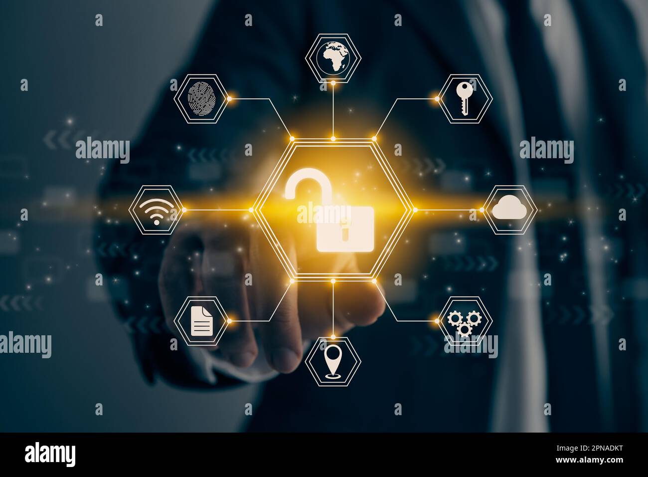 Businessman Hand and Finger Touching Screen and Hexagon Unlock Security ...