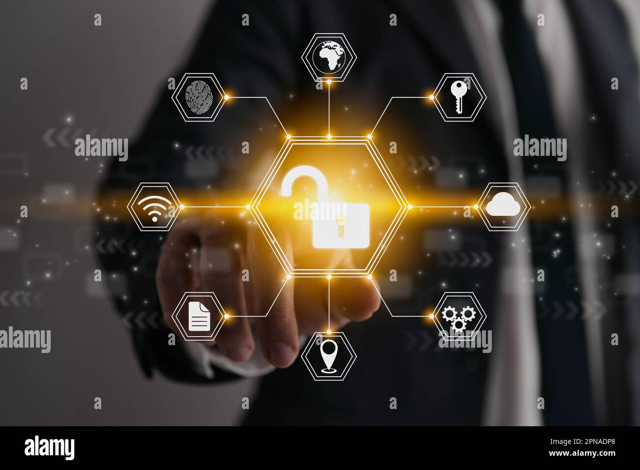Businessman Hand and Finger Touching Screen and Hexagon Unlock Security ...