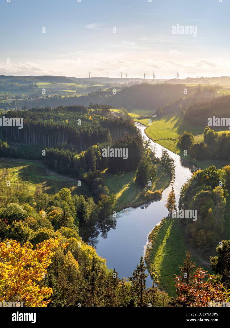 View from Petersgrat in the Franconian Forest of the river Saale in the ...