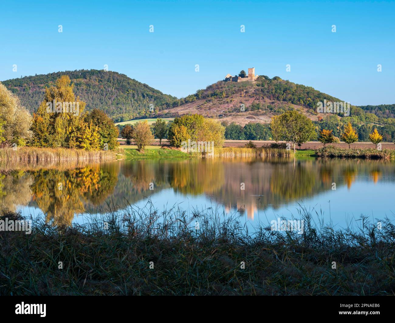 Landscape with lake in autumn, ruins of Gleichen Castle reflected ...