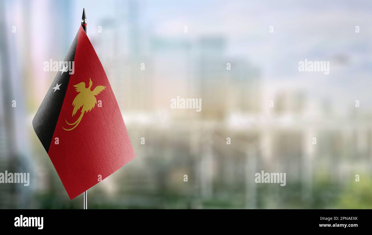 Small flags of the Papua New Guinea on an abstract blurry background ...