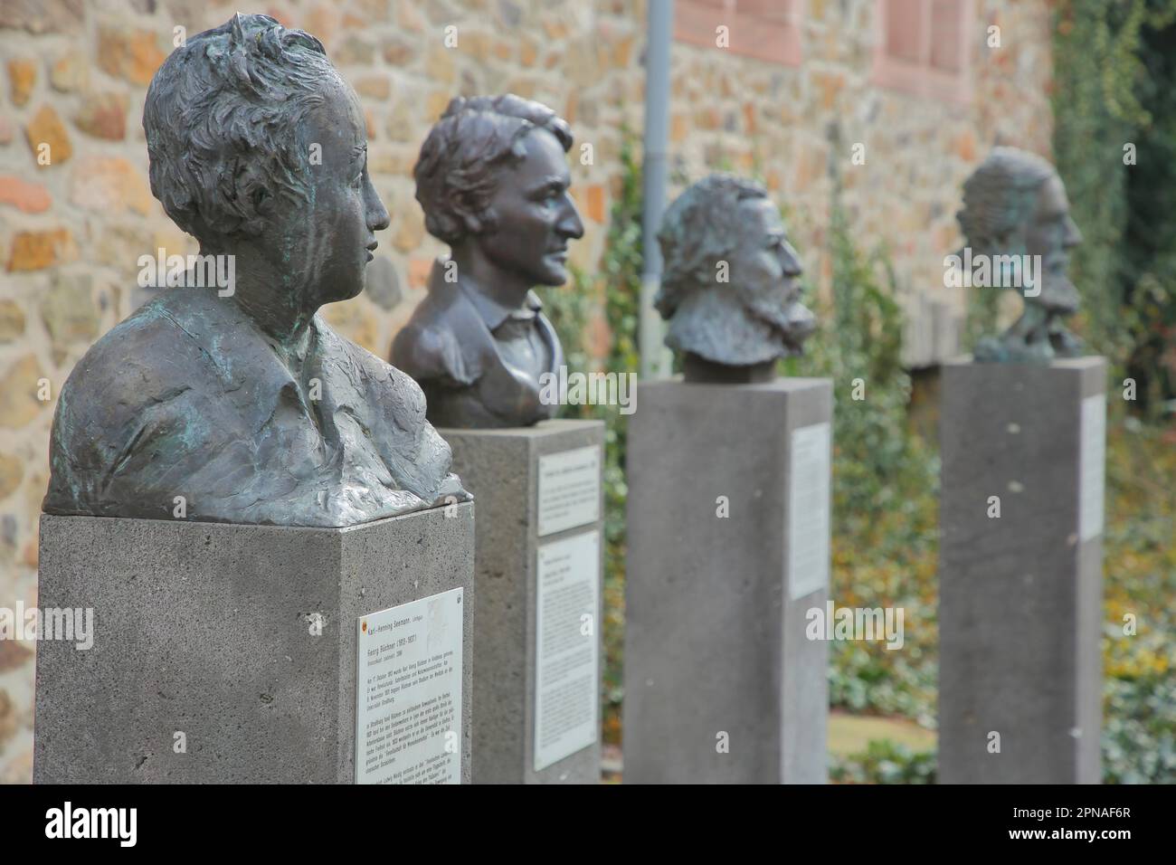 Four sculptures Giessen heads, Georg Buechner, Ludwig Boerne, Carl Vogt ...