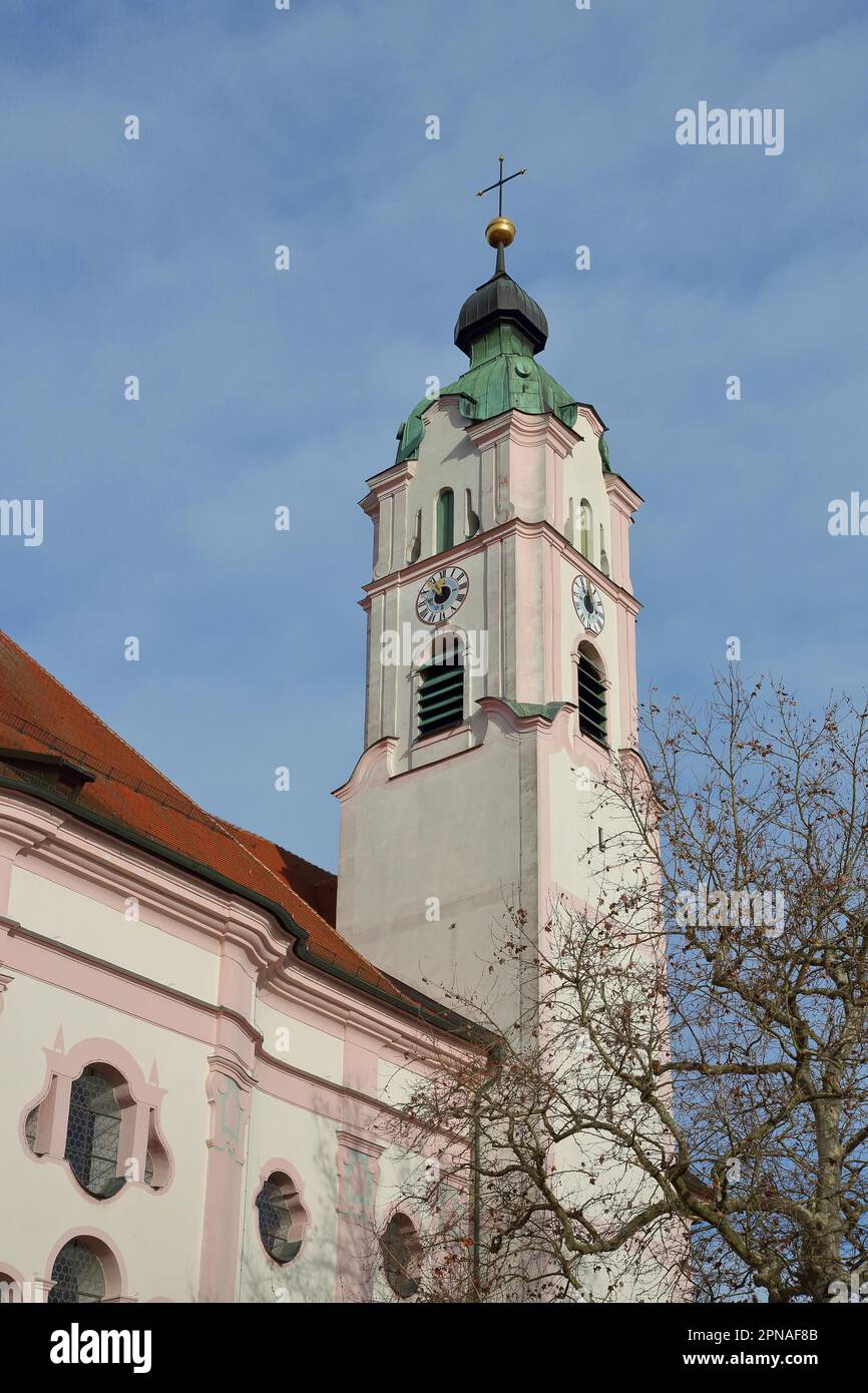 Church tower of the Rococo Church of Our Lady in Guenzburg, Bavaria ...