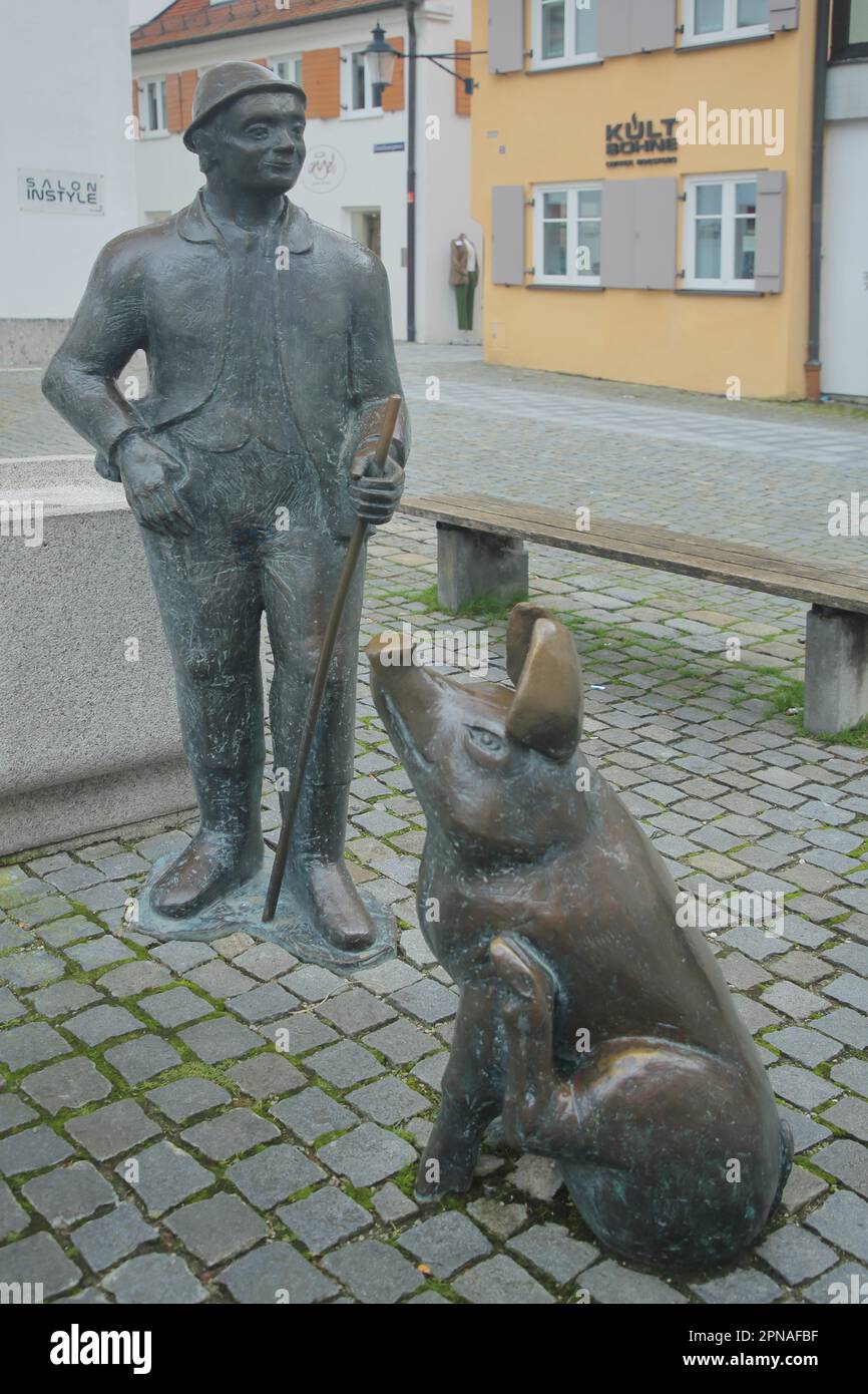 Sculptures at the Piggy Fountain with Pig Figure and Man, Waetteplatz ...