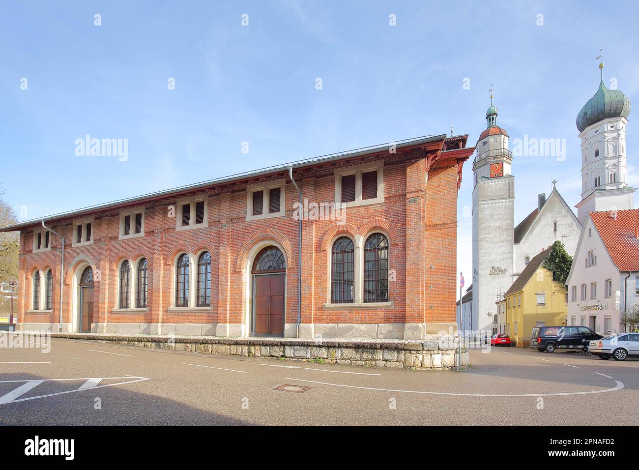 Schranne town hall built in 1869 and town church as landmark, Giengen ...