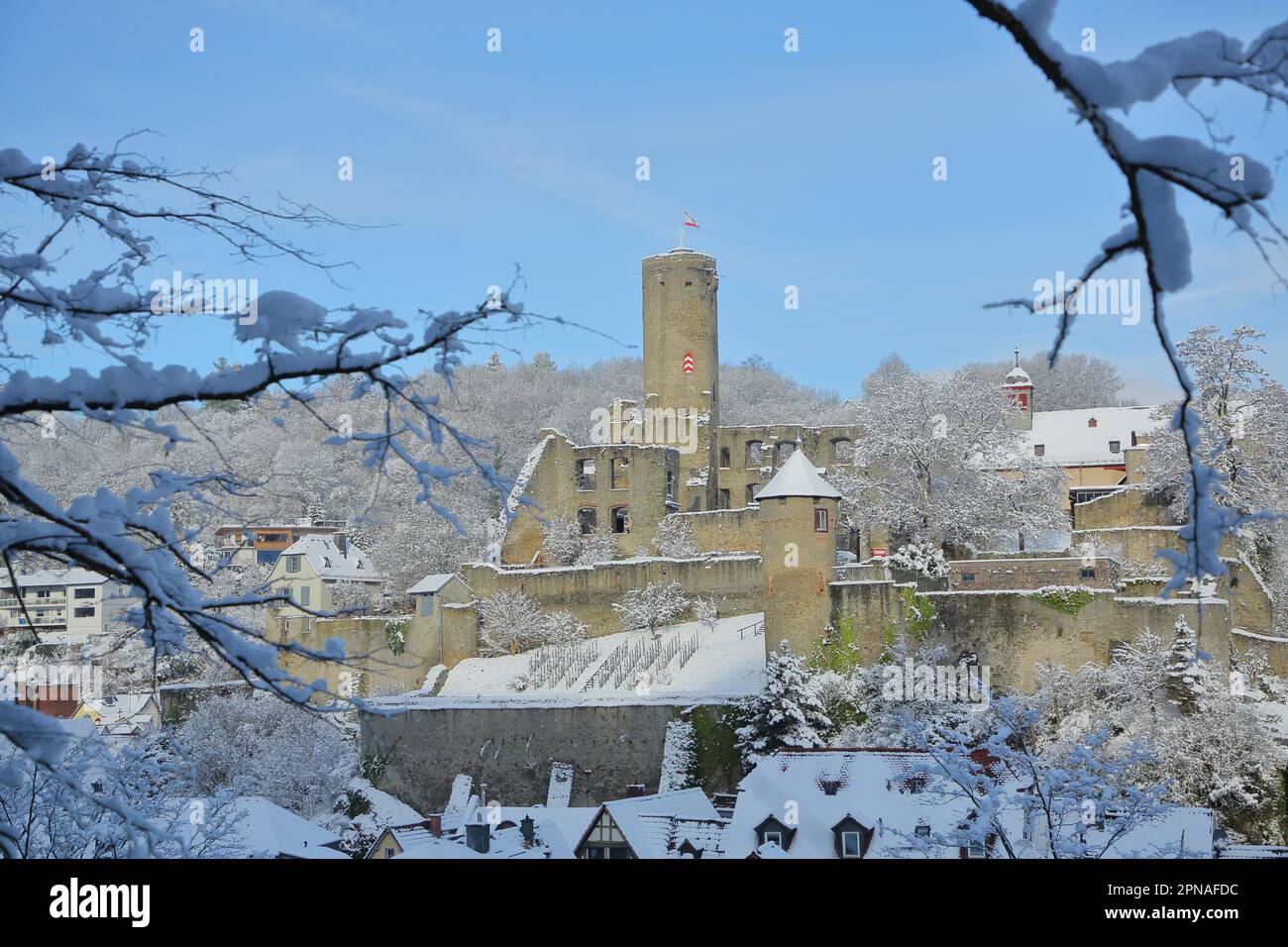 View of castle with snow in winter in Eppstein, Taunus, Hesse, Germany ...