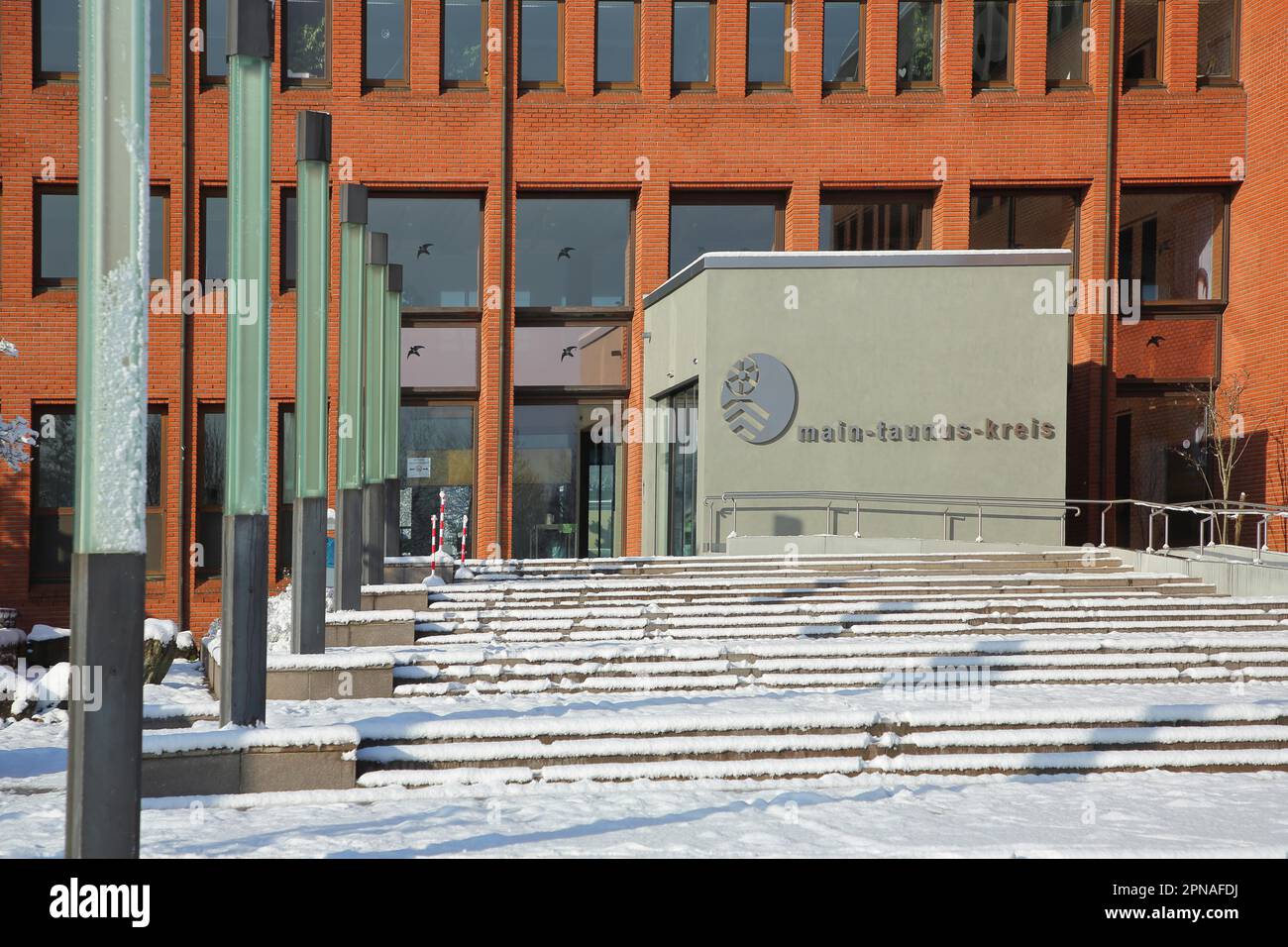 District office with snow in winter with coat of arms and inscription ...