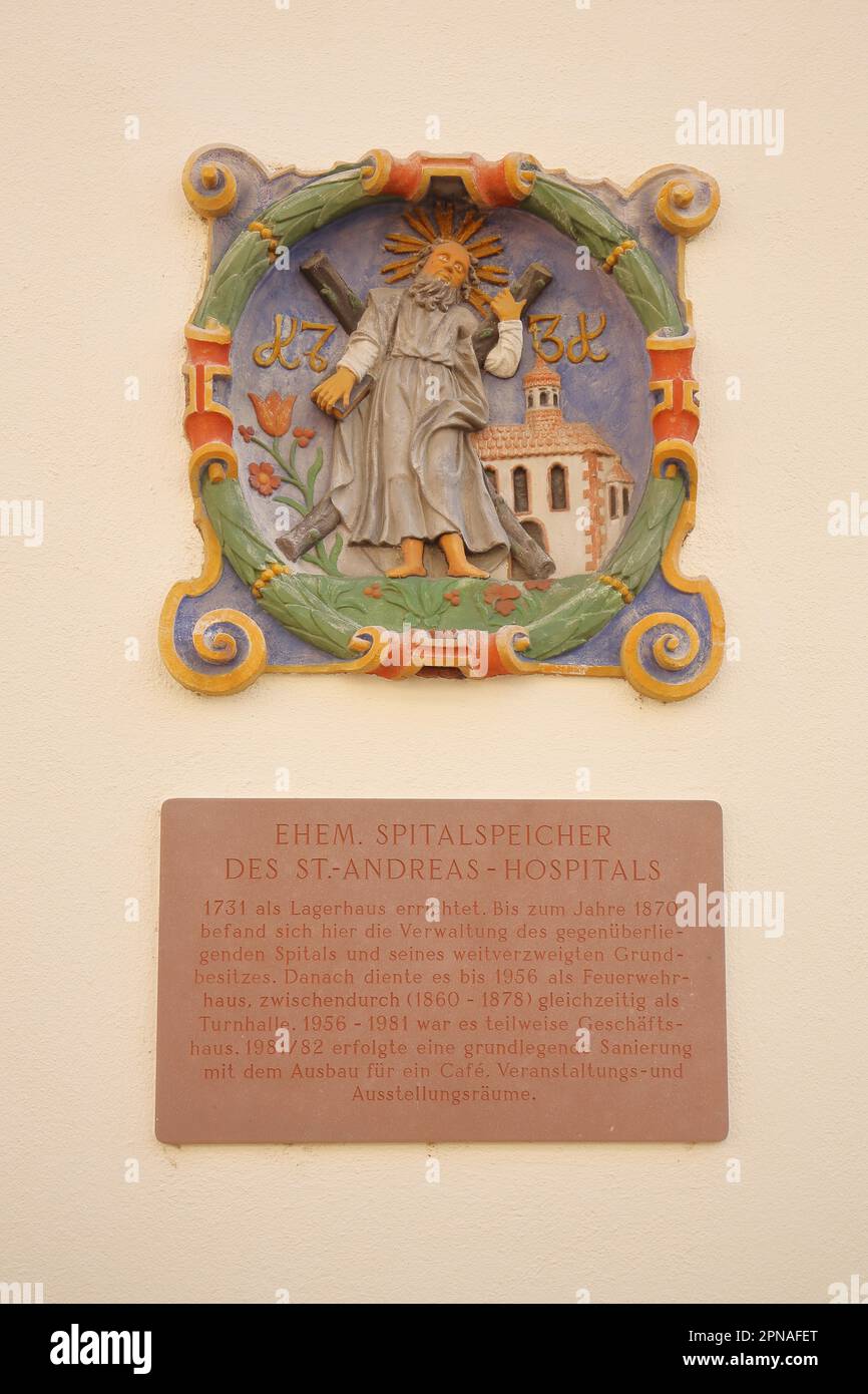 Relief and text of St. Andrew with date 1731, former hospital ...