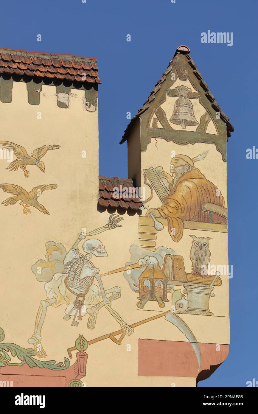 Gable with mural of the Grim Reaper and death bell with symbol of death ...