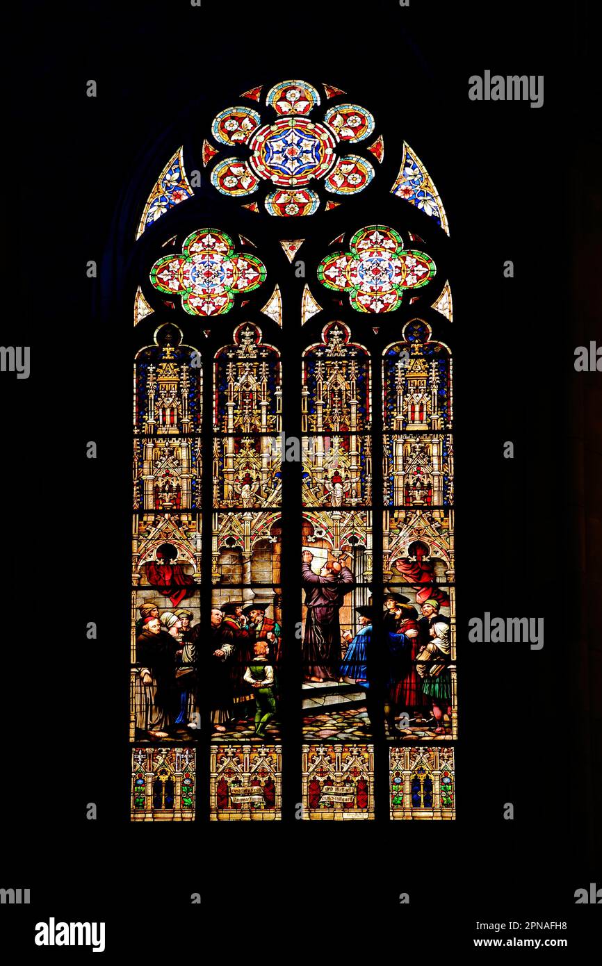 Stained glass window with Martin Luther's posting of 95 theses at the ...