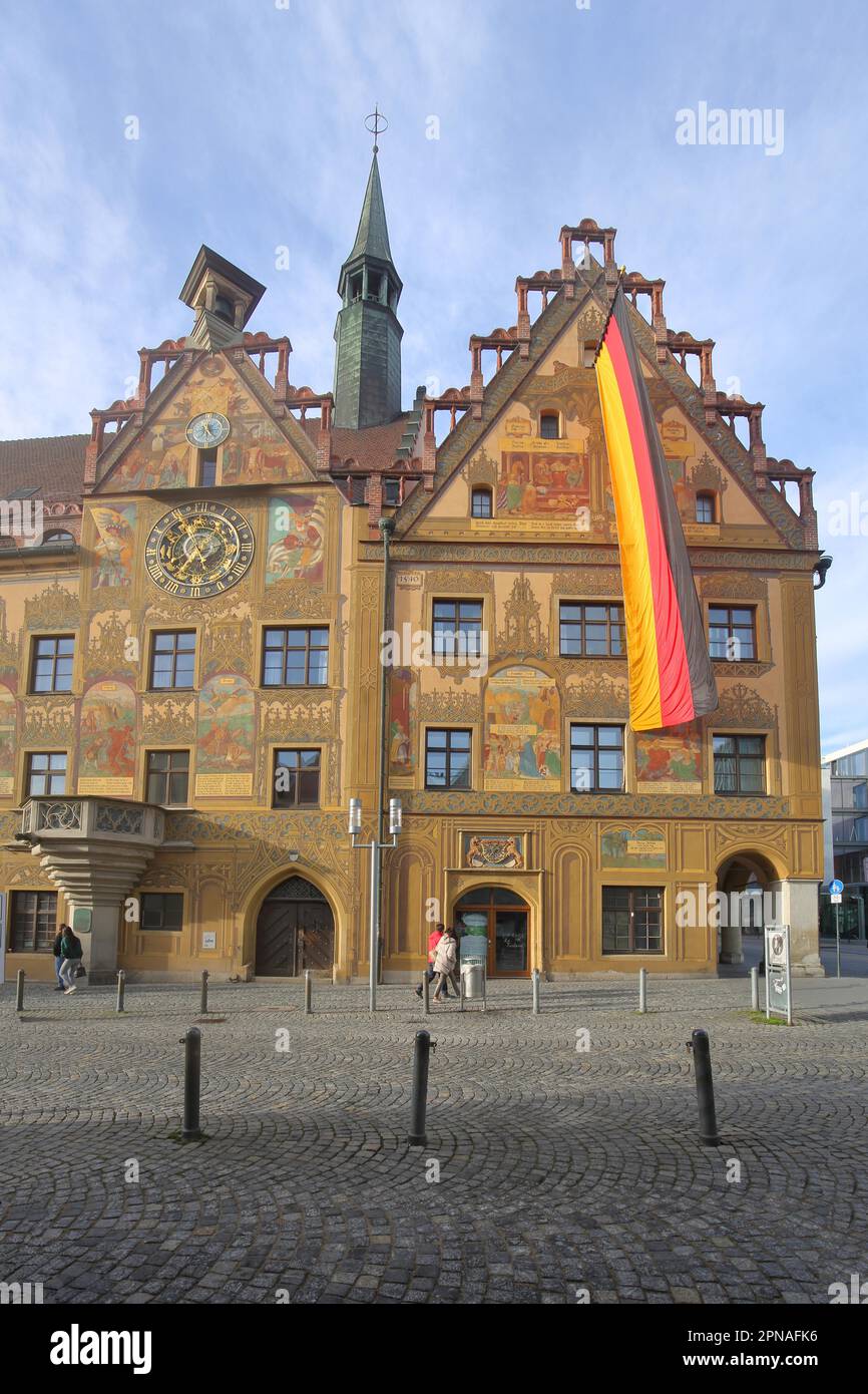 Town Hall with astronomical clock, mural and German national flag, Ulm ...