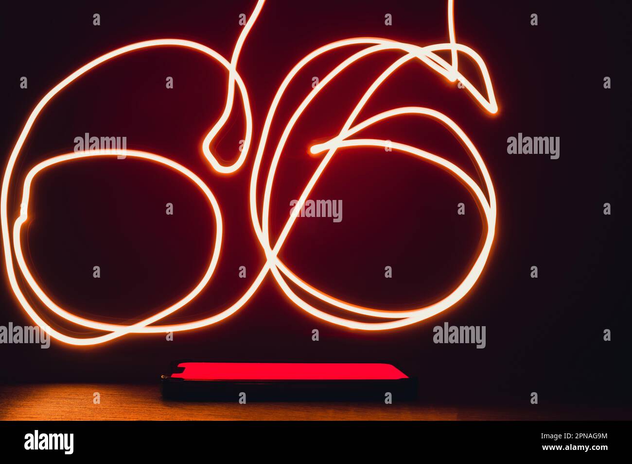 Abstract red lines long exposure light shape of 6G. Network internet ...