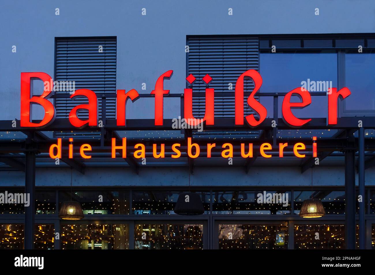 Restaurant, pub, inn, illuminated lettering Barfuesser die Hausbrauerei ...
