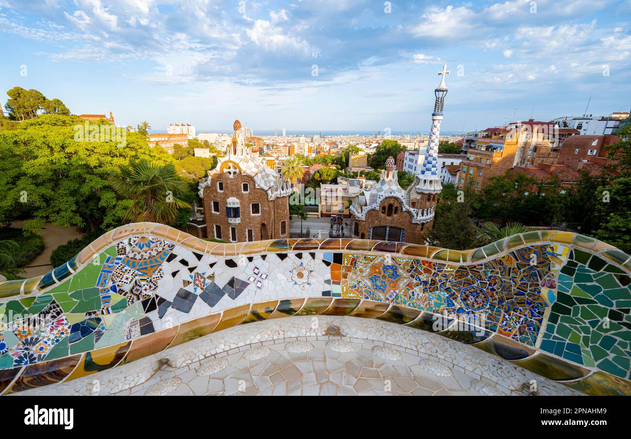 Benches with colourful mosaic, entrance building at the back, Casa de ...