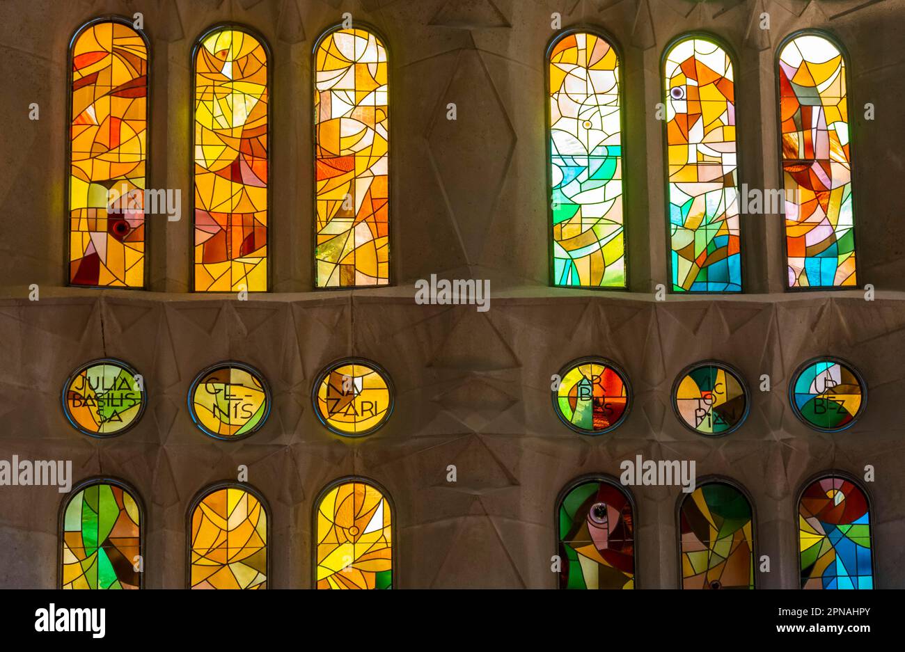 Artistic stained glass windows, interior of the Sagrada Familia, Church ...
