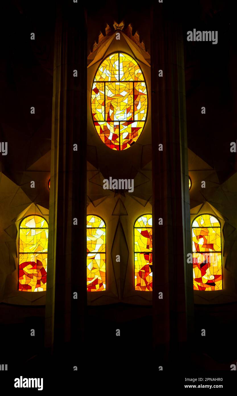 Artistic stained glass windows, interior of the Sagrada Familia, Church ...