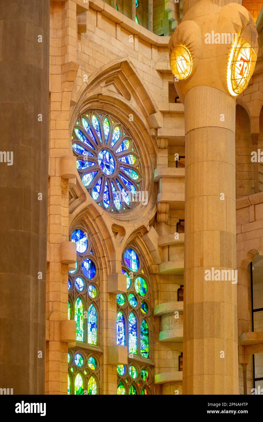 Artistic stained glass windows, interior of the Sagrada Familia, Church ...