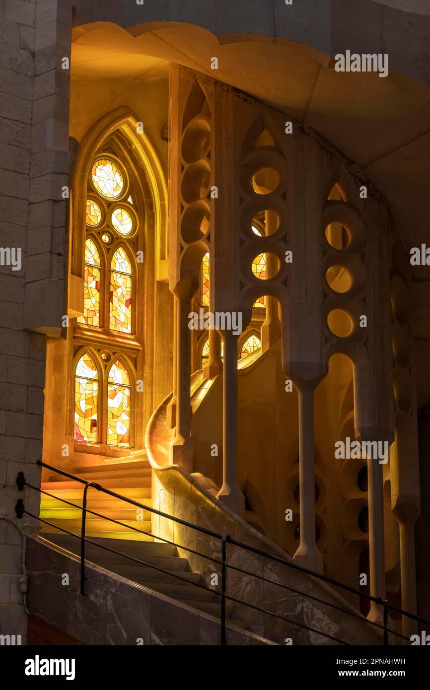 Spiral staircase and stained glass windows, interior of the Sagrada ...