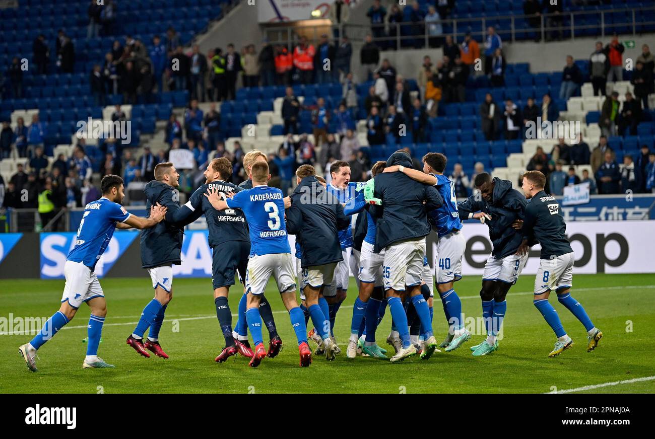 TSG 1899 Hoffenheim players dance and celebrate their victory in front ...
