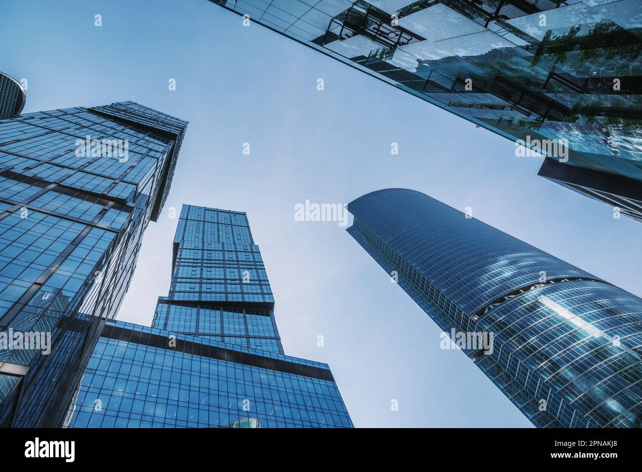 Upward view of modern skyscrapers in business center of Moscow City on ...