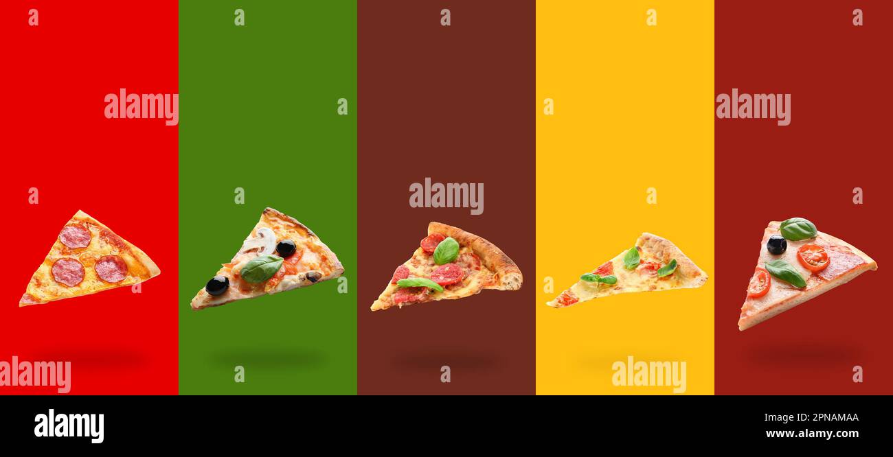 Slices of different tasty pizzas on bright colorful background Stock ...