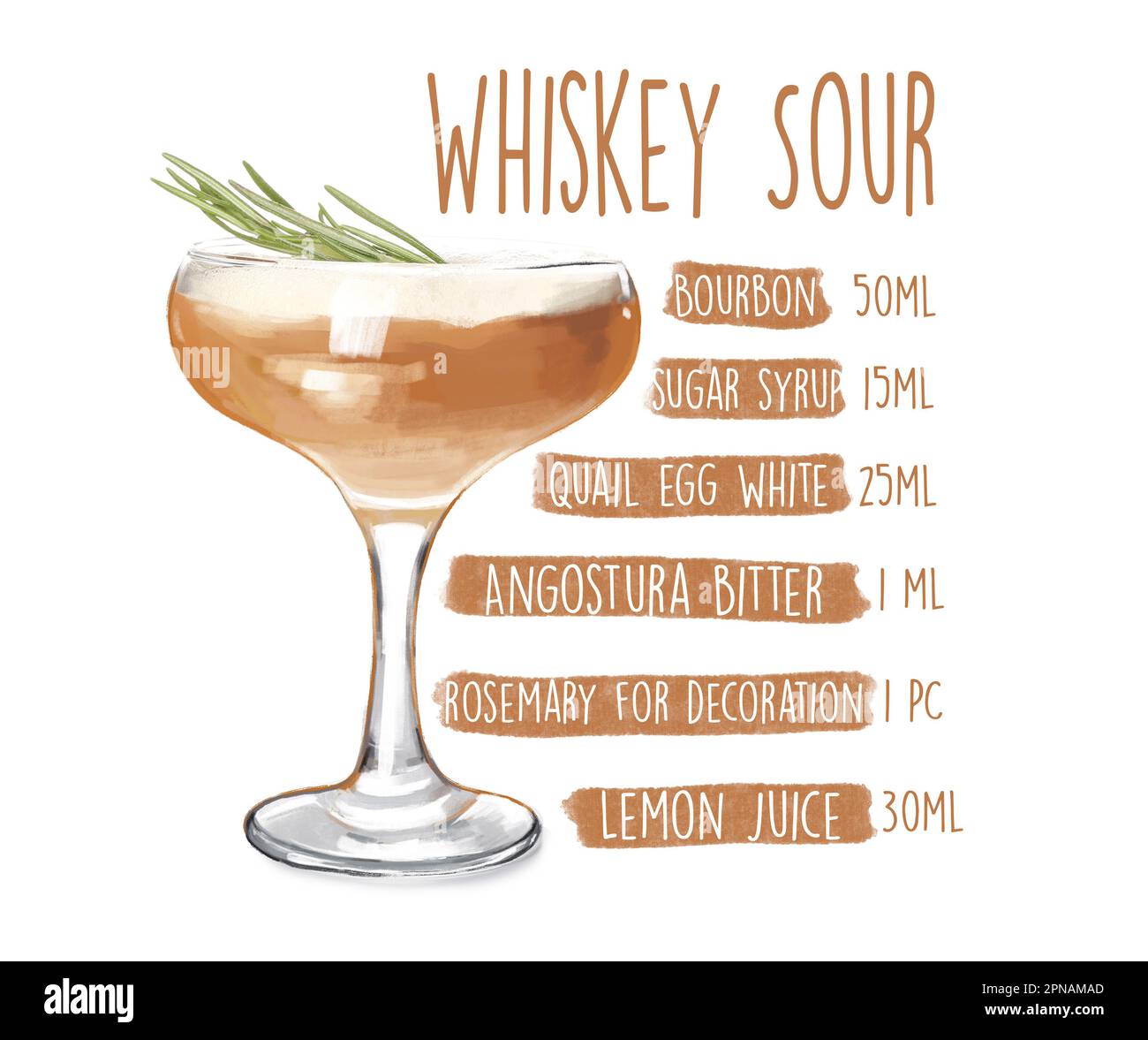 Glass of tasty whiskey sour cocktail and list of ingredients on white ...