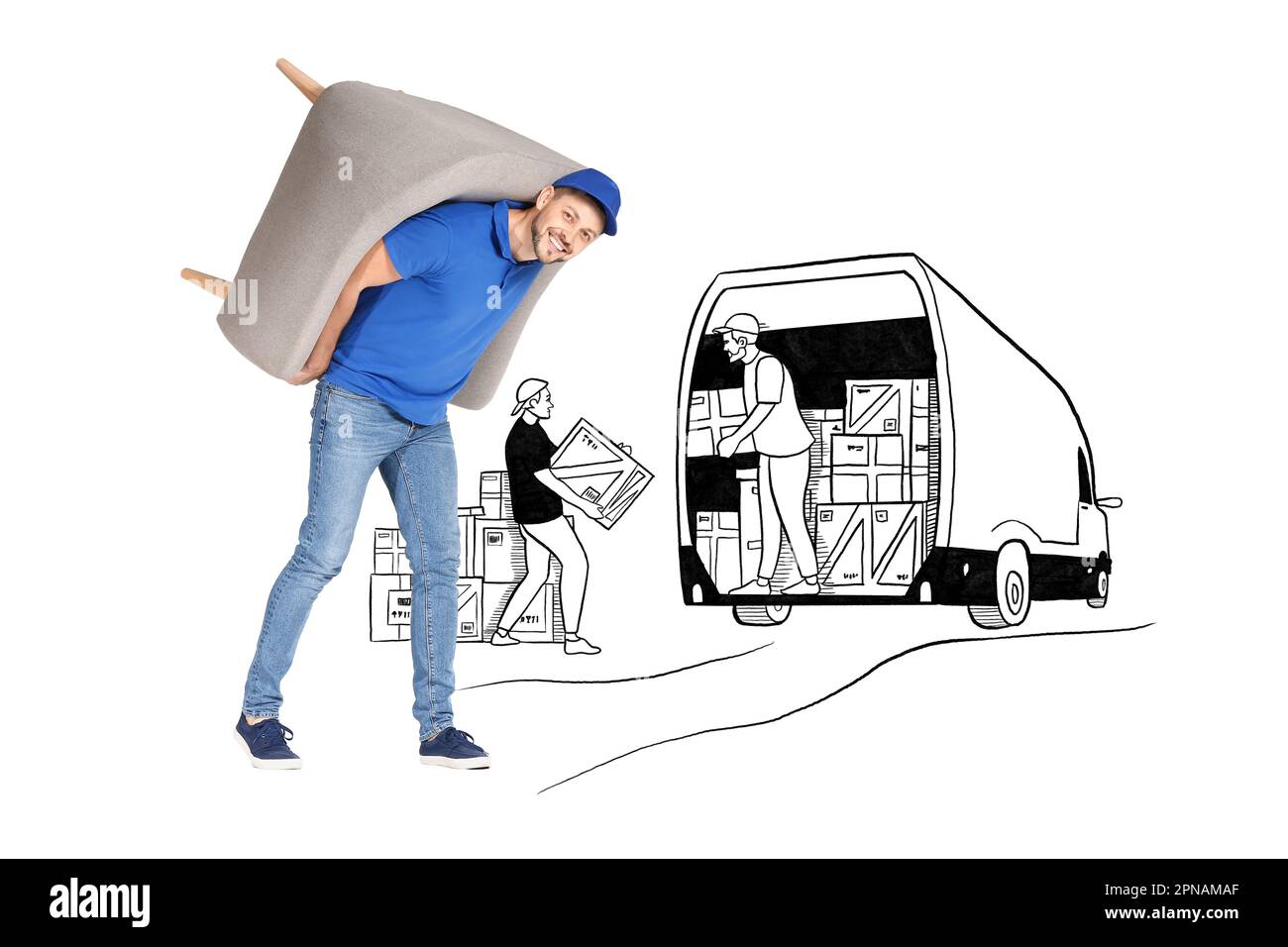 Loader with armchair near drawn lorry on white background Stock Photo ...