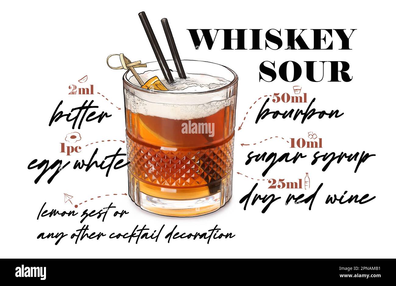Glass of tasty whiskey sour cocktail and list of ingredients on white ...