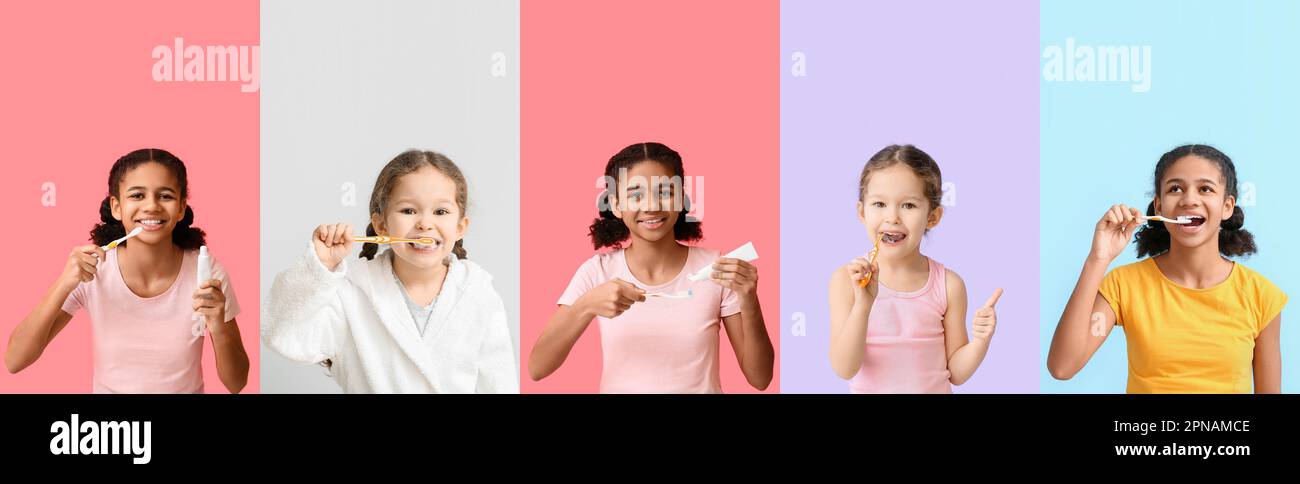 Collage of cute girls with tooth brushes and paste on color background ...