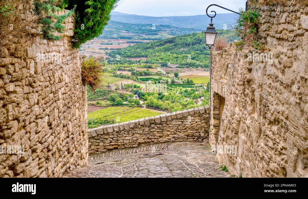 The medieval village of Gordes in the Luberon Region of Provence, France, overlooking a wide ...