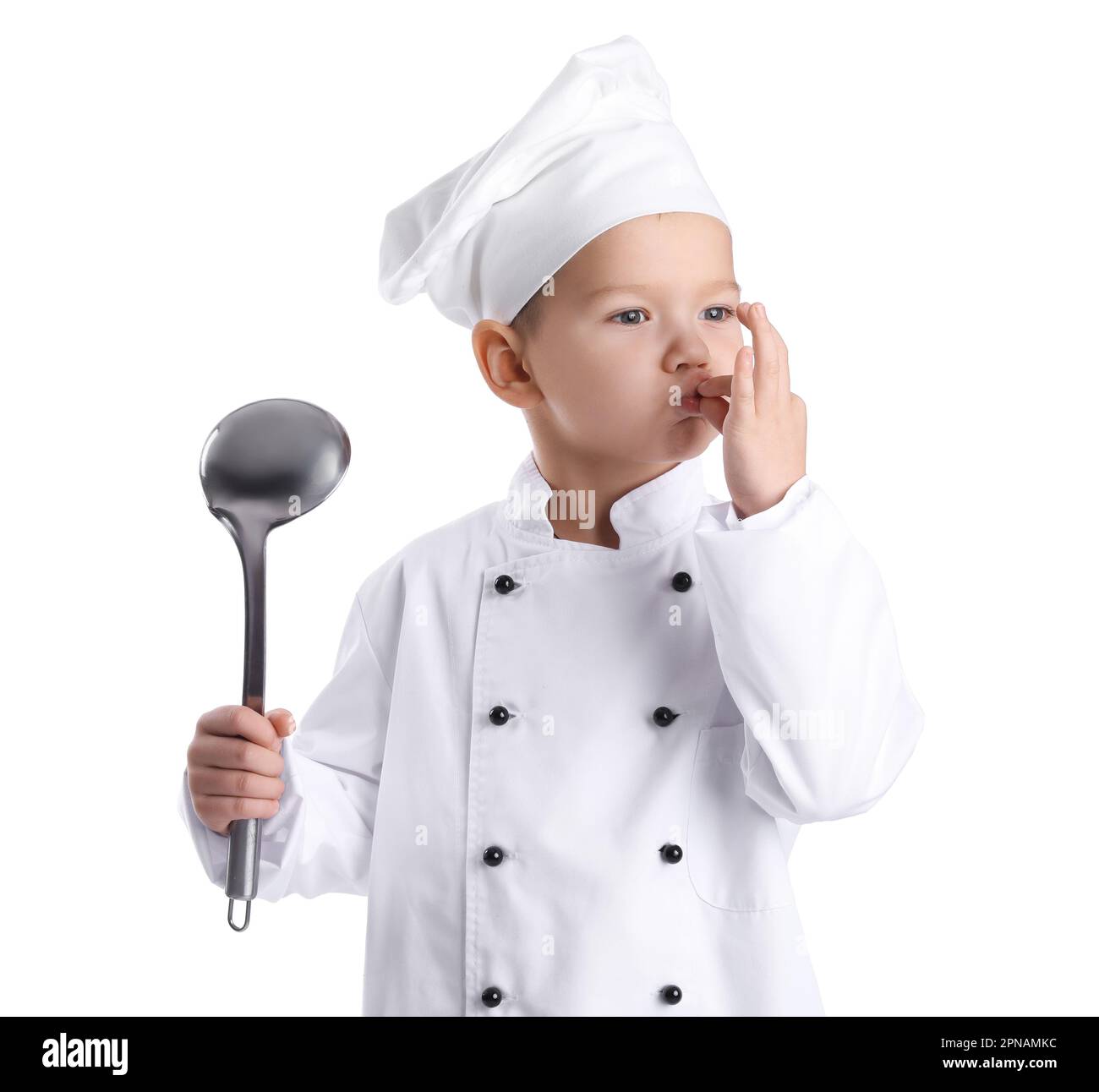 Cute little chef with ladle on white background Stock Photo - Alamy