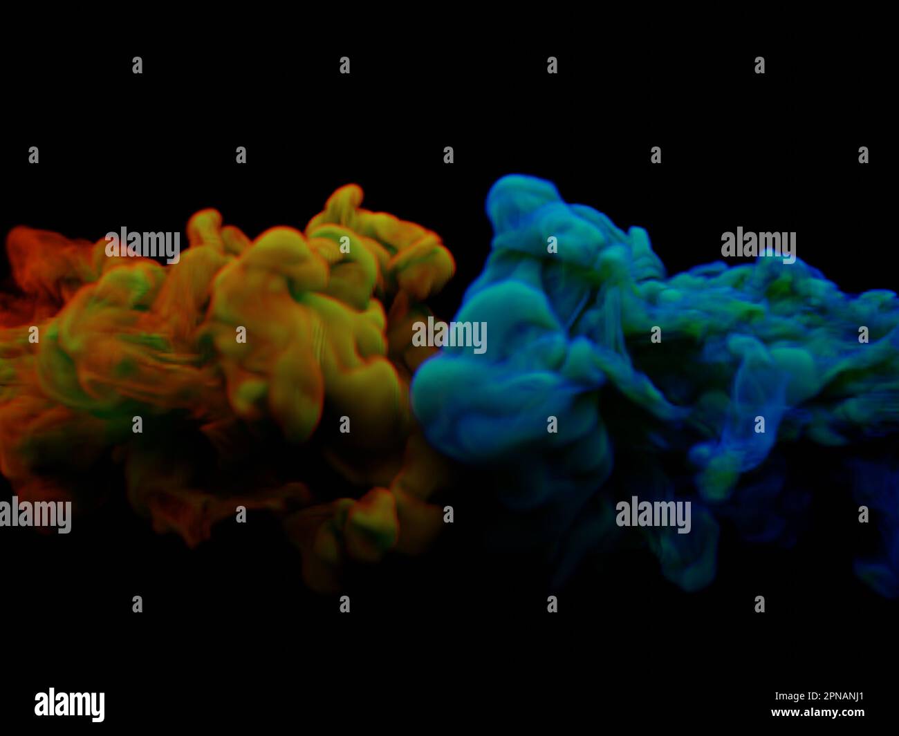 Puffs of red yellow blue smoke on a black background. 3d illustration ...