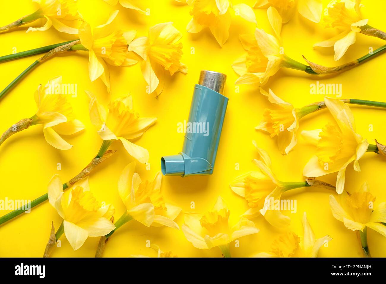 Inhaler with flowers on yellow background Stock Photo - Alamy