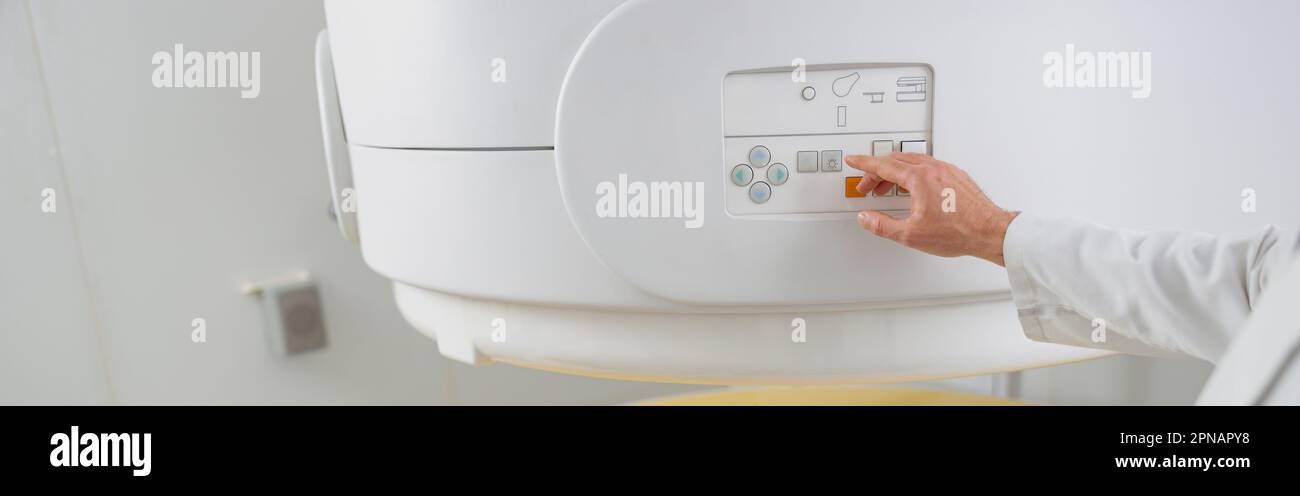 Woman patient is ready to do magnetic resonance imaging MRI or CT scan ...