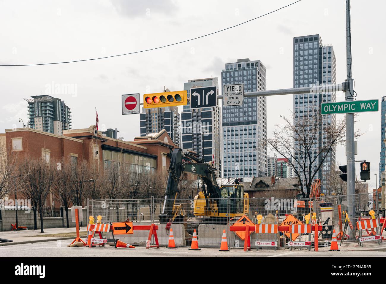 blocked road with road signs in downtown calgary, canada - may 2022 ...