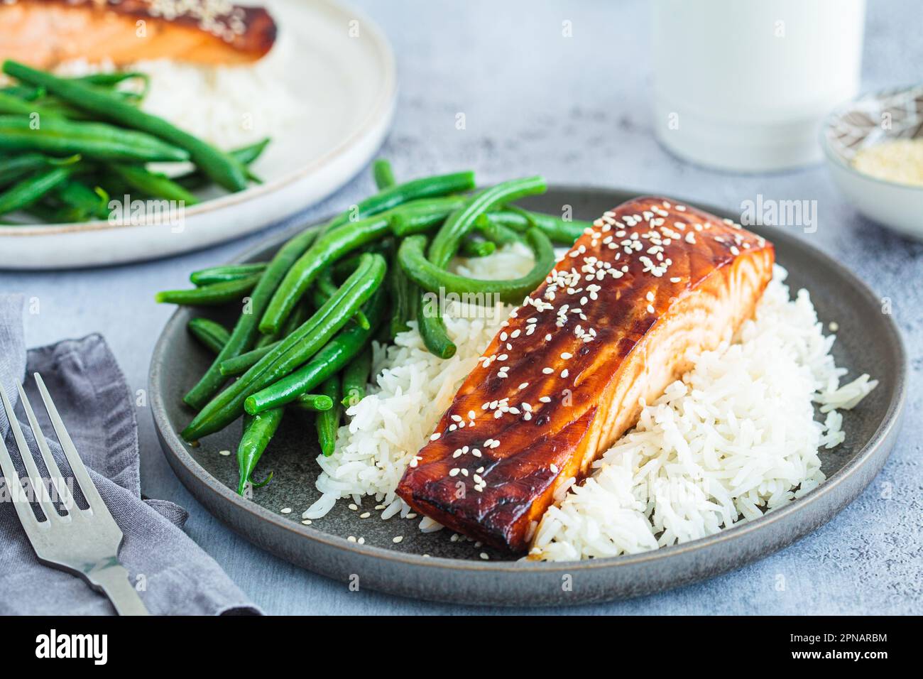 Honey teriyaki salmon with green beans and rice. Asian cuisine recipe ...