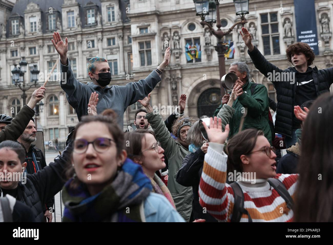 Paris, France. 17th Apr, 2023. Demonstrators take part in a pan-banging ...