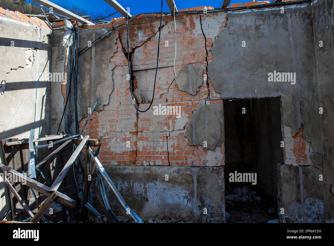 Destroyed houses located in the village of Bohorodychne, Donesk Oblast ...