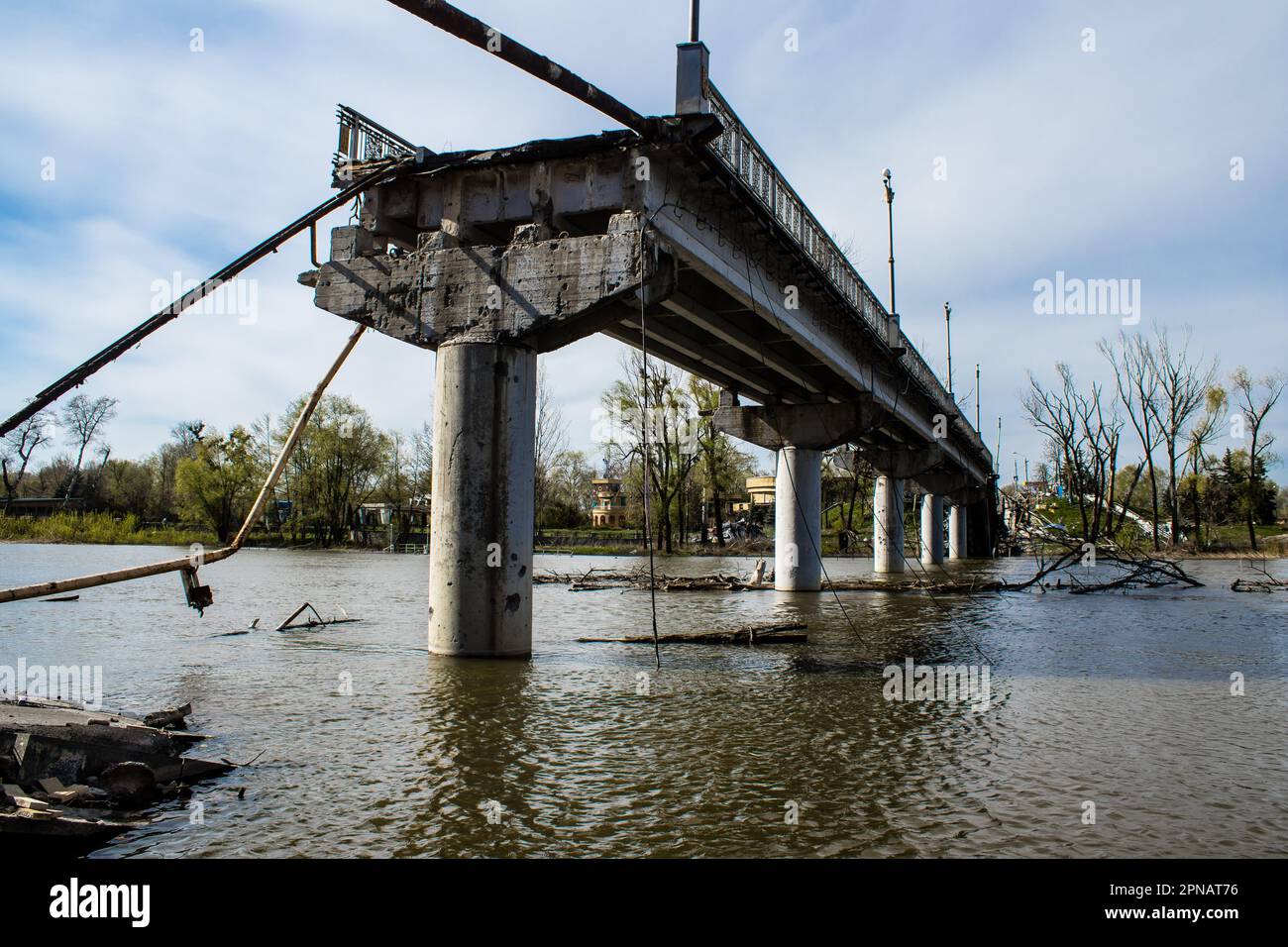Destroyed bridge by intense artillery fire in the city of Sviatohirsk ...