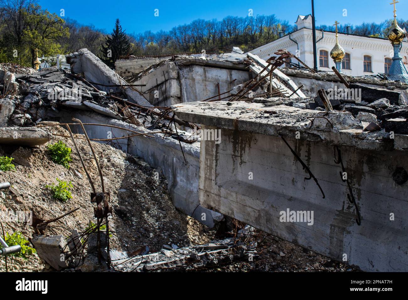 Destroyed bridge by intense artillery fire in the city of Sviatohirsk ...