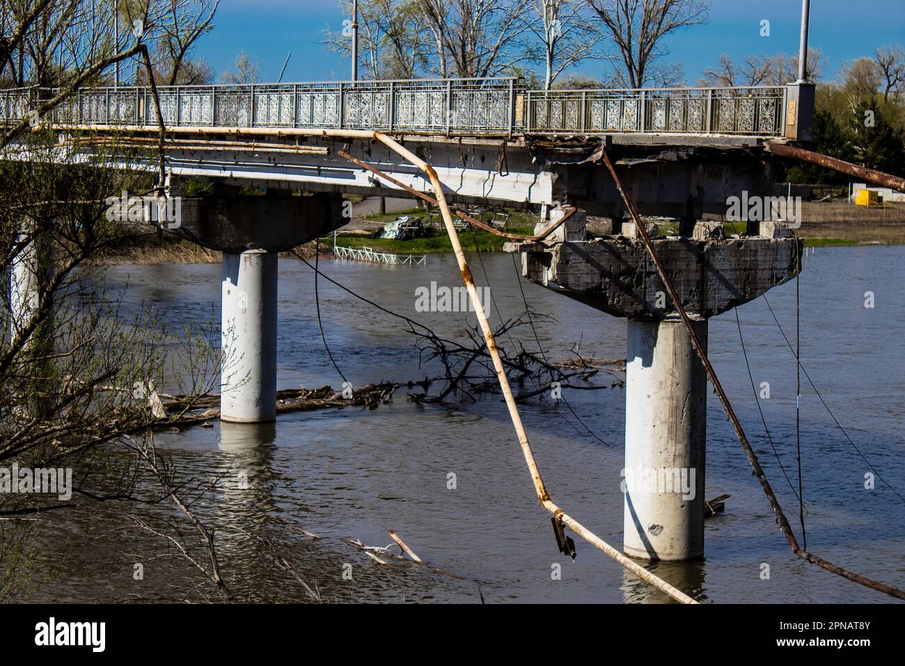Destroyed bridge by intense artillery fire in the city of Sviatohirsk ...