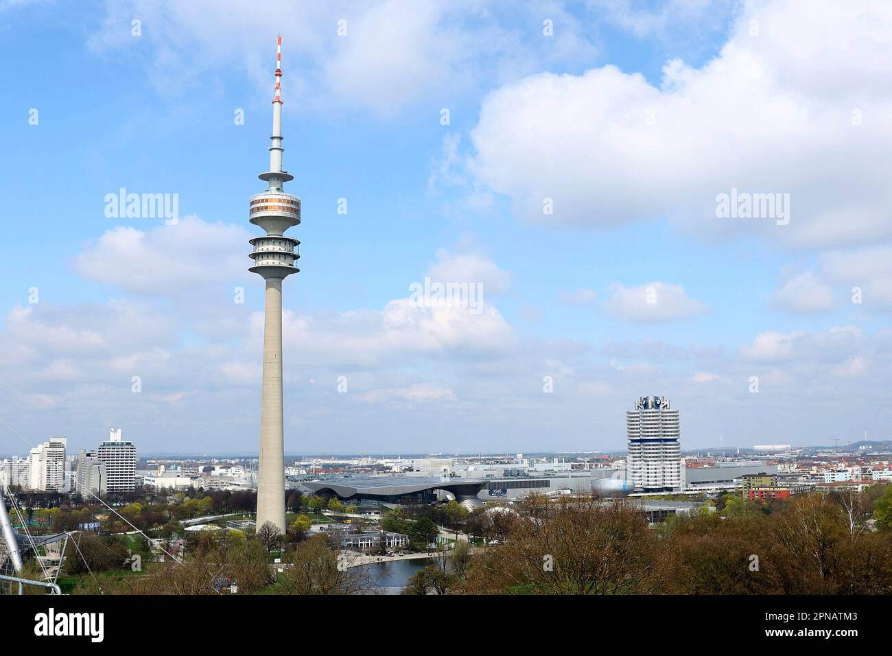 A photo shows Olympic Tower (communication tower / Olympiaturm) at Olympiapark (Olympic Park ...